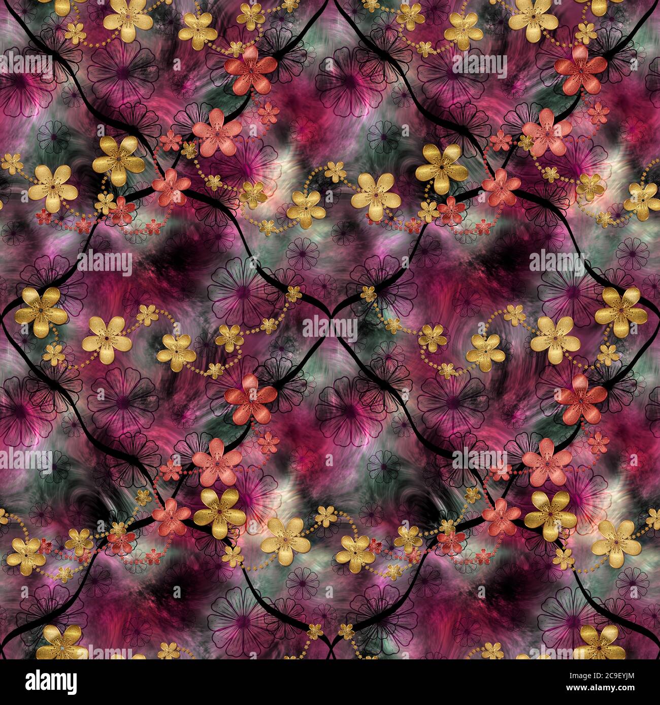 Seamless pink pattern with sketch and gold flowers. Floral abstract ...
