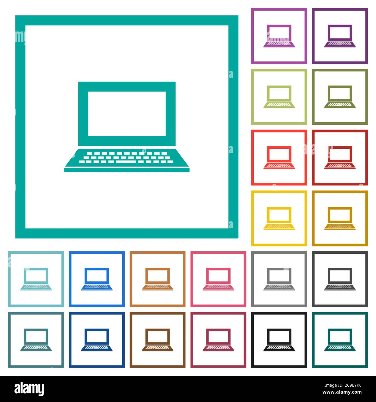 Laptop with blank screen flat color icons with quadrant frames on white ...