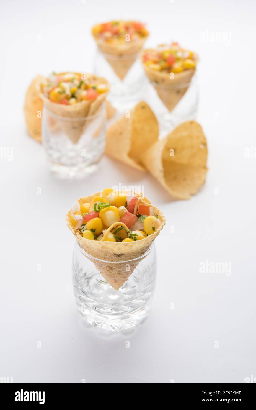 Corn chat / chaat in papad cone, popular indian starter menu Stock ...