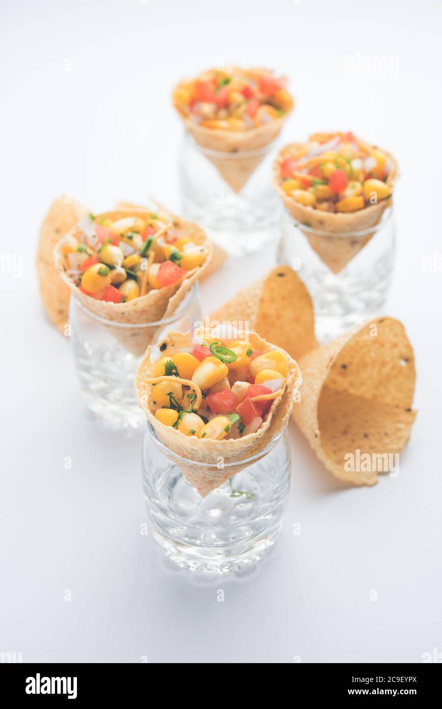 Corn chat / chaat in papad cone, popular indian starter menu Stock ...
