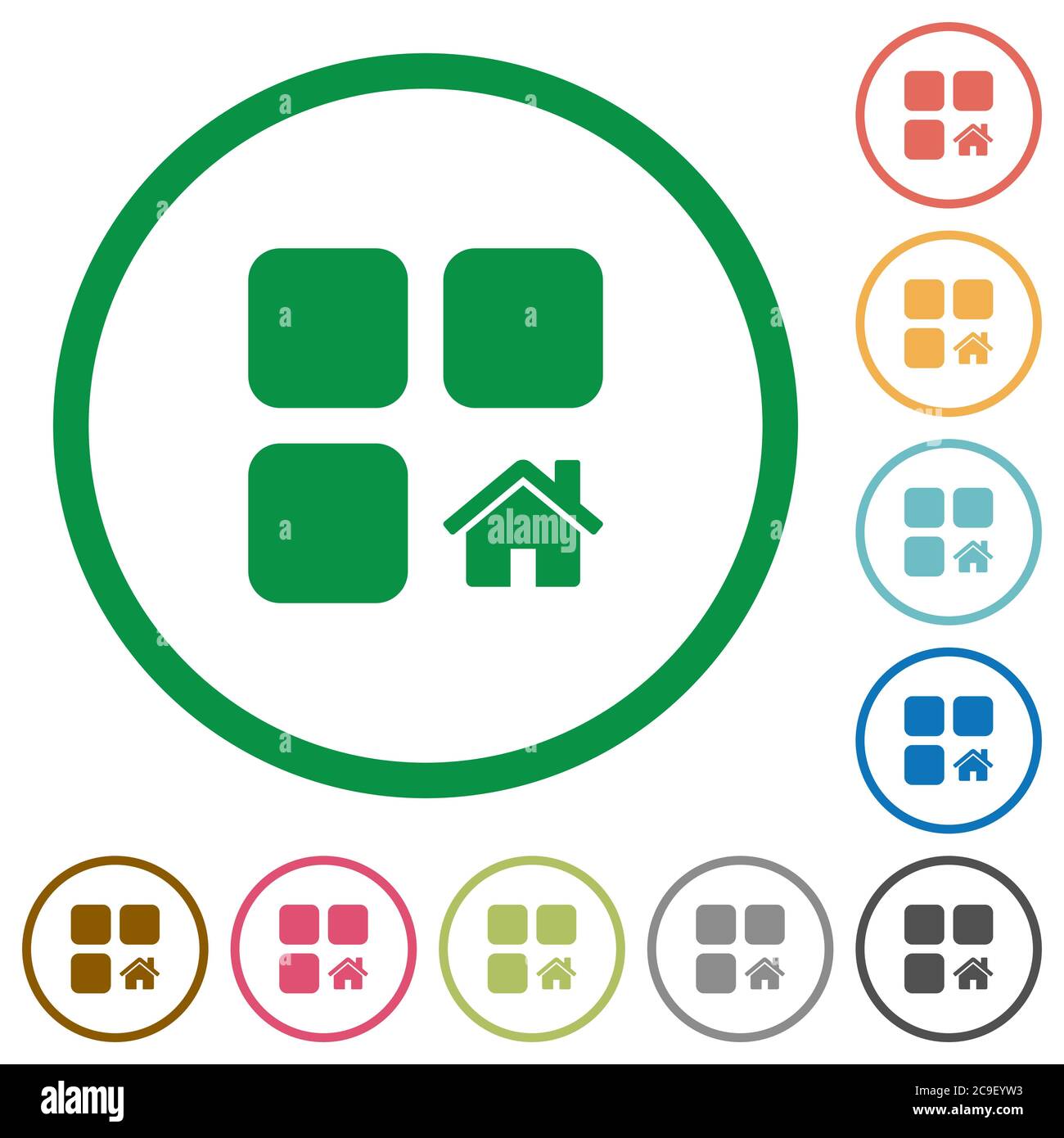 Default component flat color icons in round outlines on white ...
