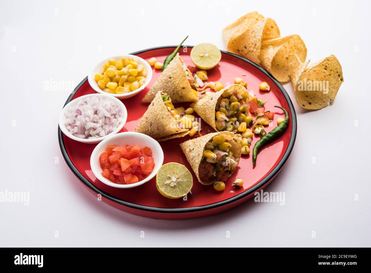 Corn chat / chaat in papad cone, popular indian starter menu Stock ...