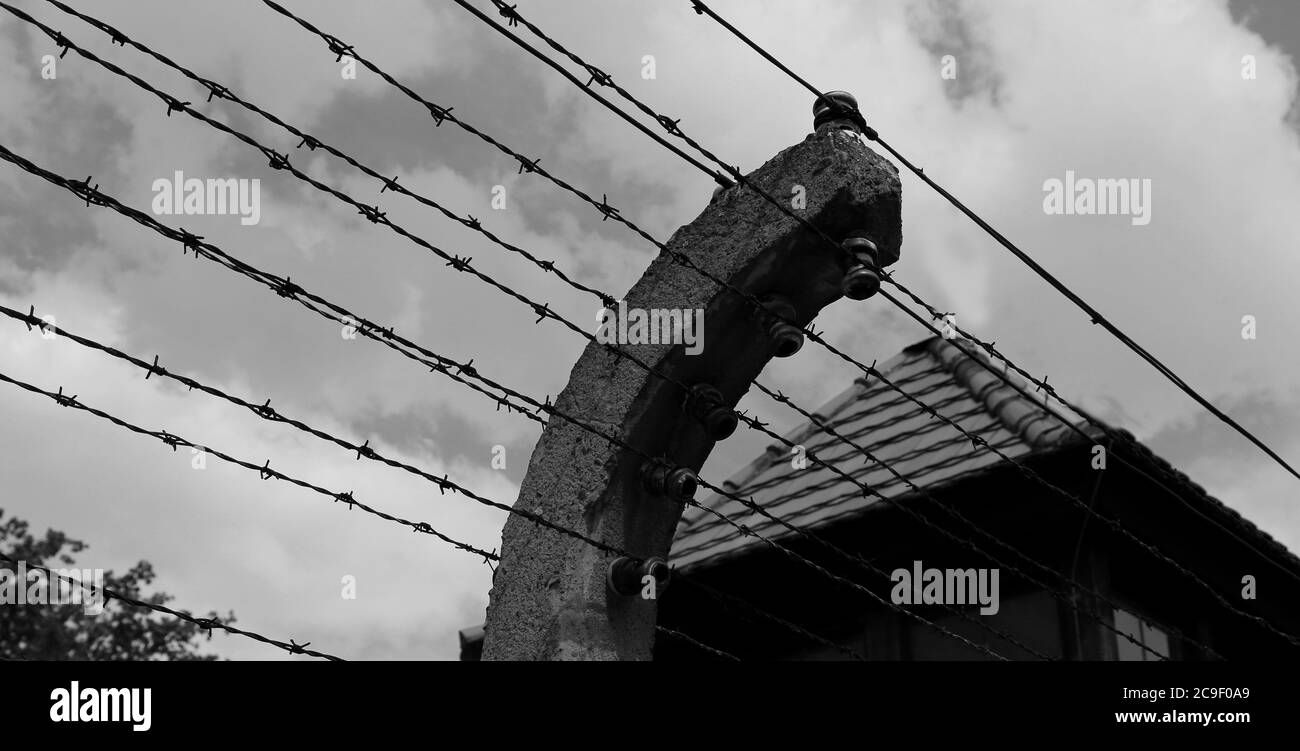 barbed wire over the outer fence of Auschwitz concentration camp Stock ...