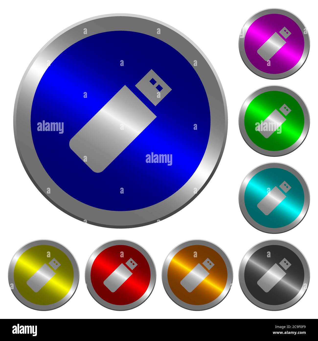 Pendrive icons on round luminous coin-like color steel buttons Stock ...