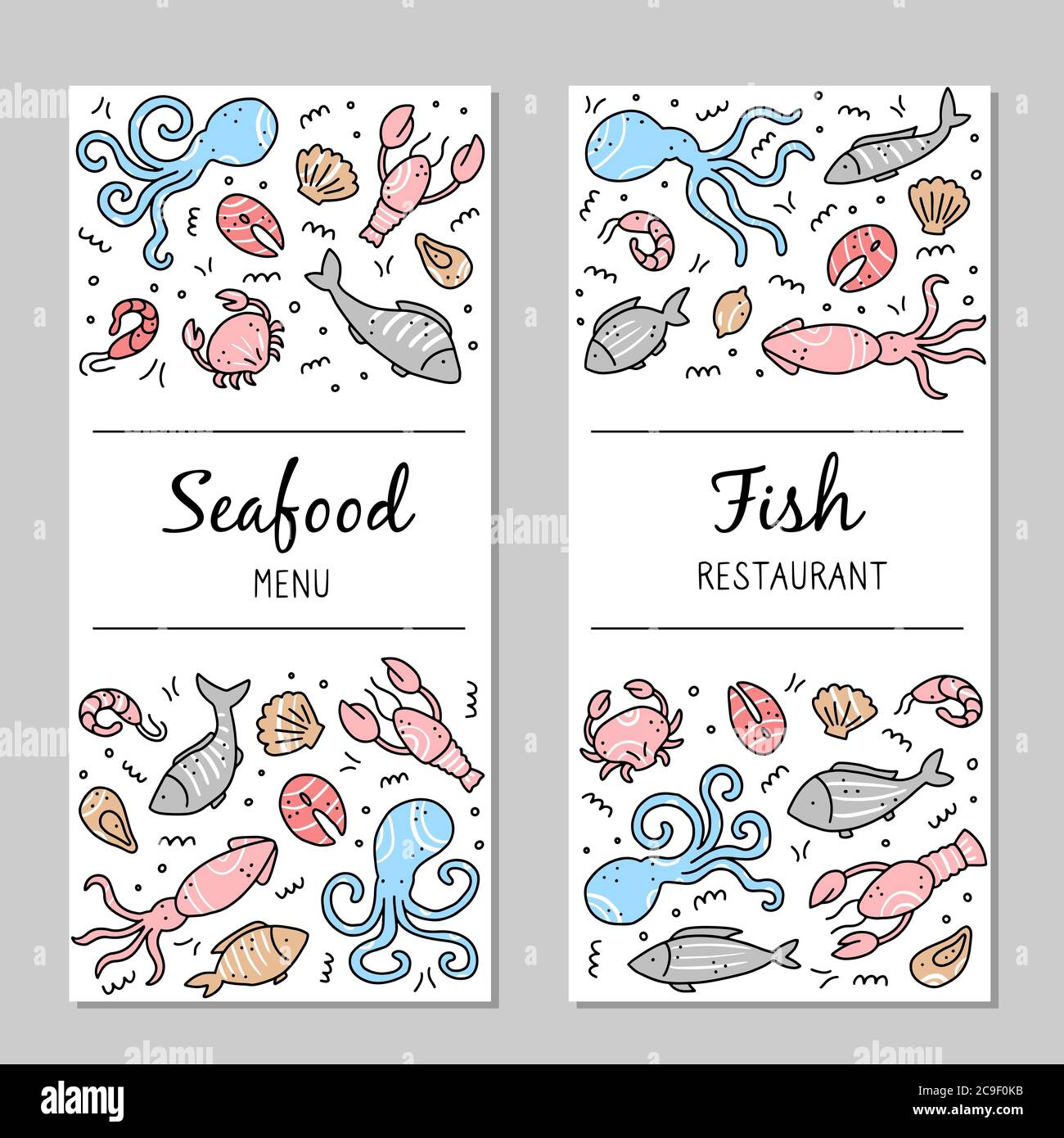 Hand drawn menu template of seafood elements, fish, lobster, oyster ...