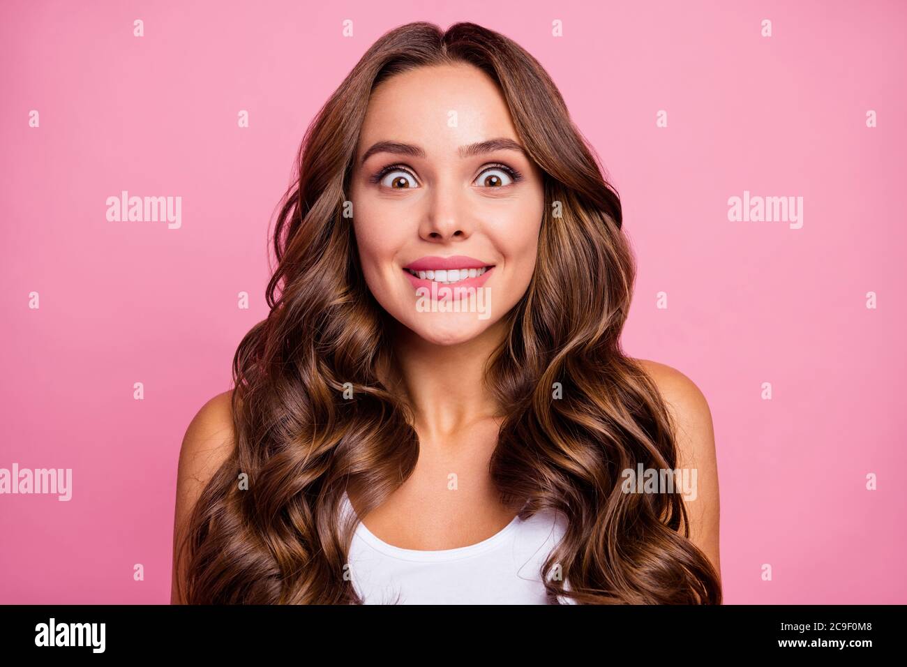 Closeup photo of pretty lady funny facial expression beaming smiling ...