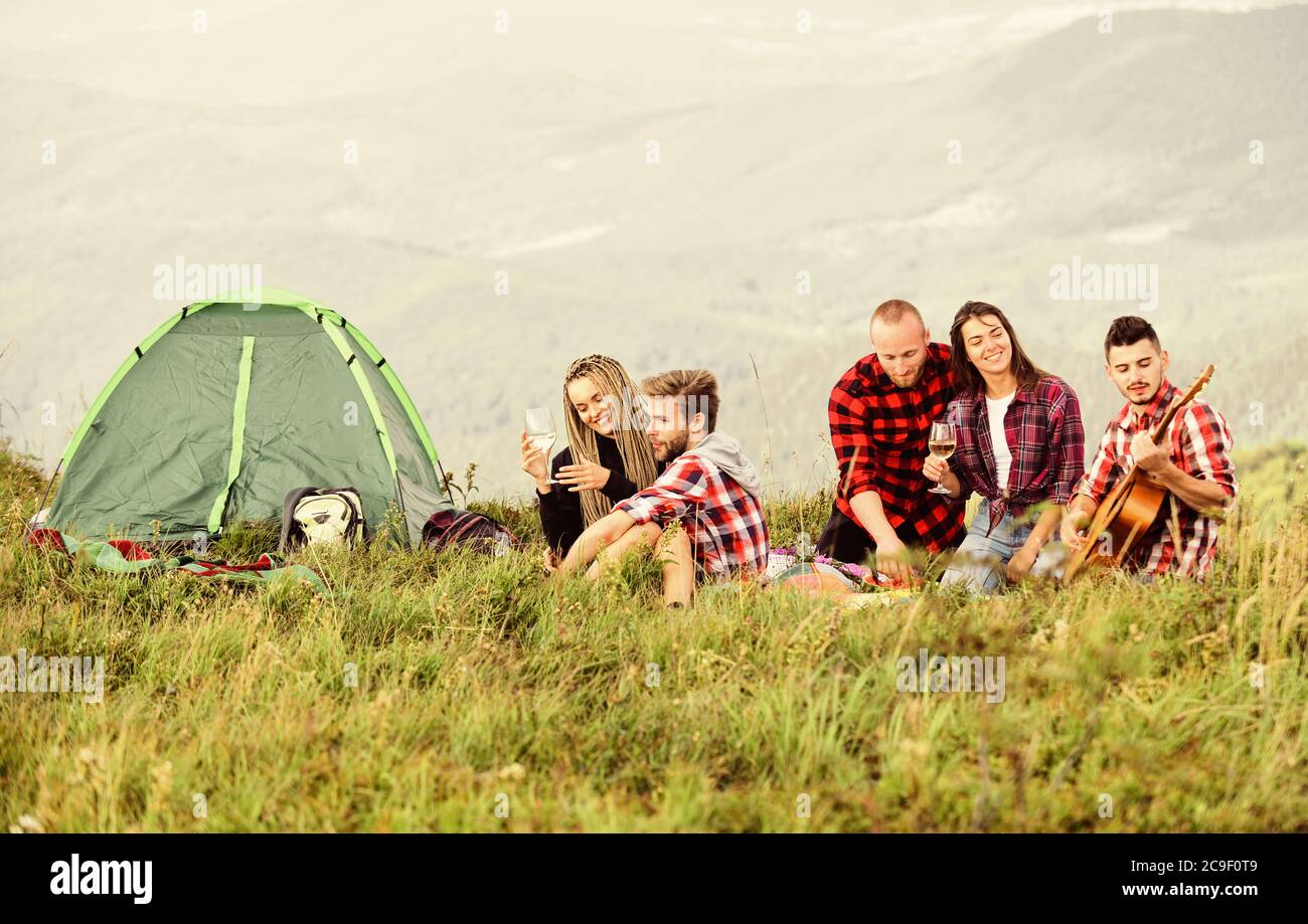 Enjoying warm day. friends camping. reach destination place. men and ...