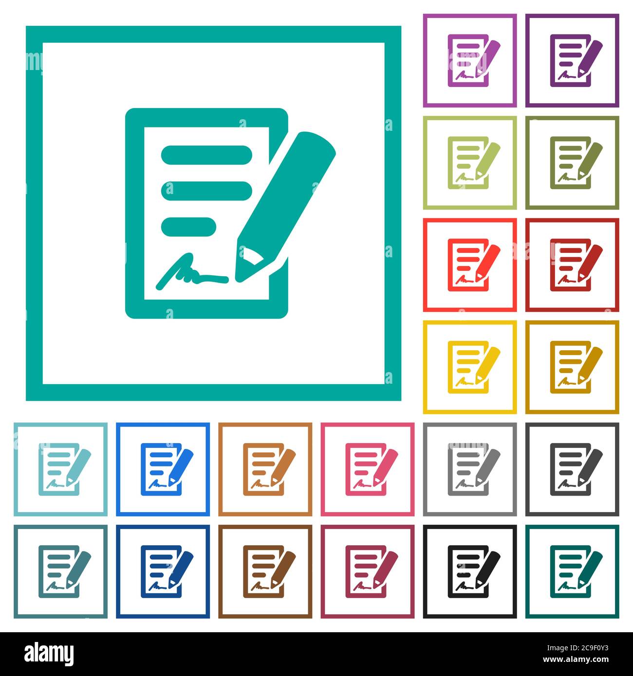 Signing contract flat color icons with quadrant frames on white ...