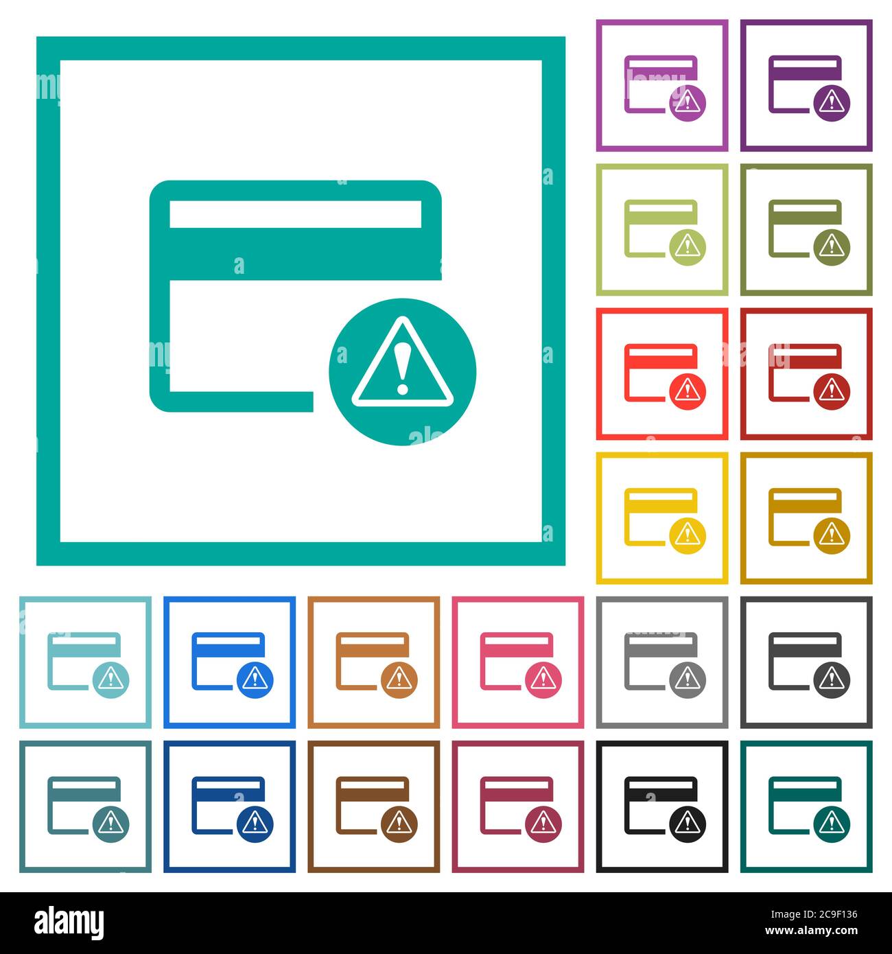 Credit card warning flat color icons with quadrant frames on white ...