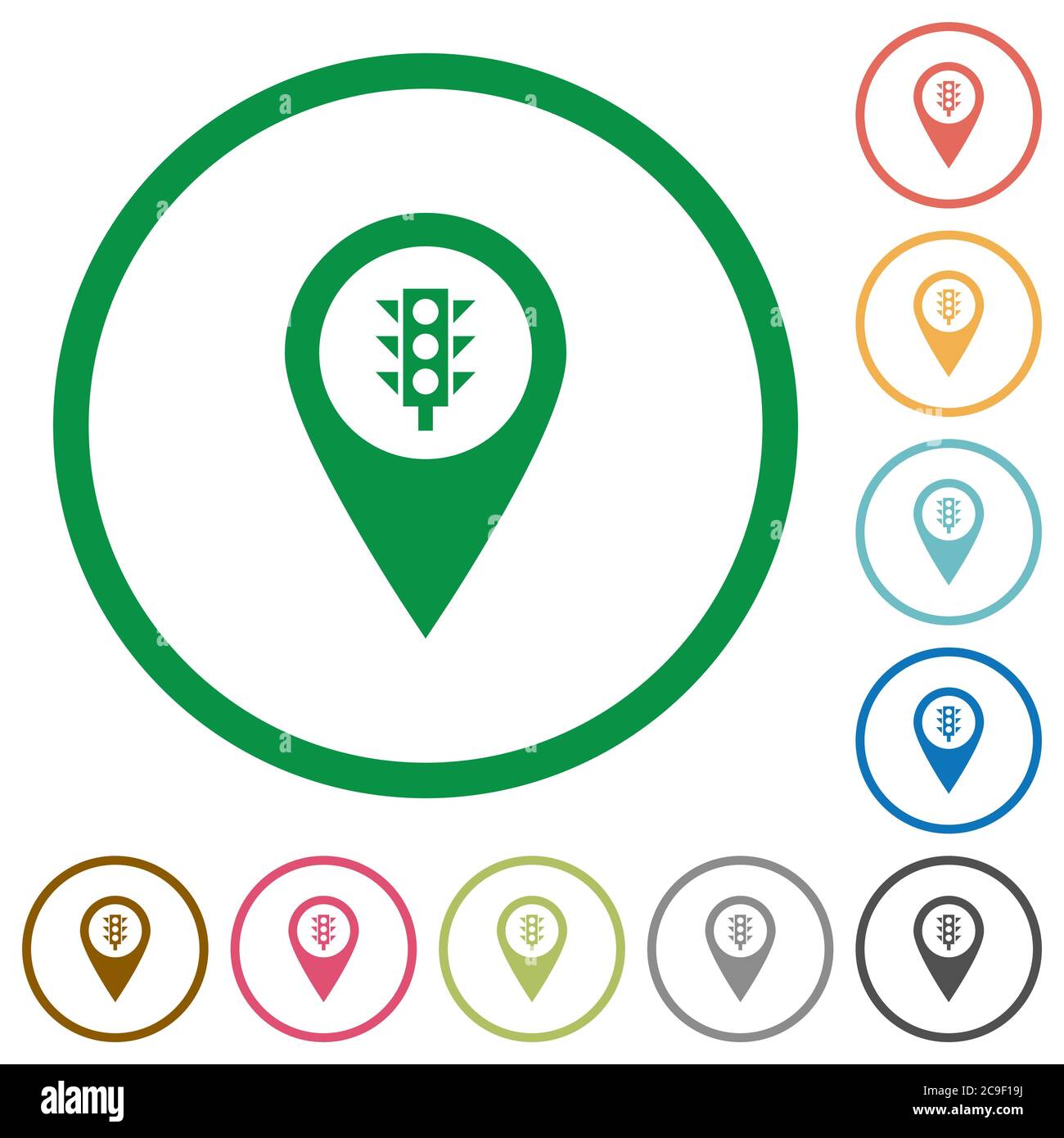 Traffic light GPS map location flat color icons in round outlines on ...