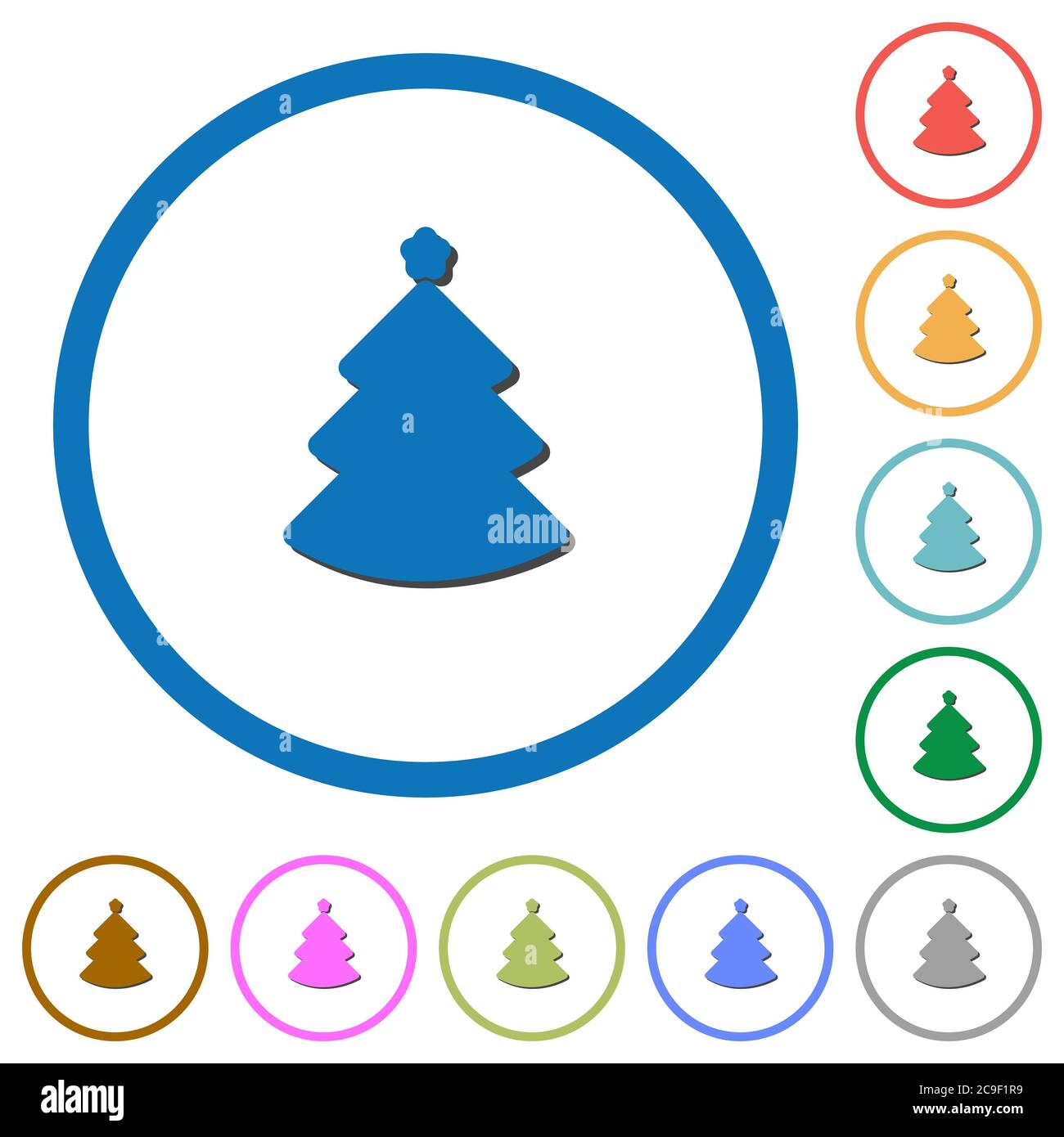 Christmas tree flat color vector icons with shadows in round outlines ...
