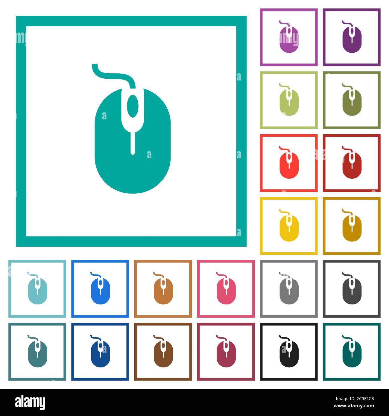 Computer mouse with cord flat color icons with quadrant frames on white ...