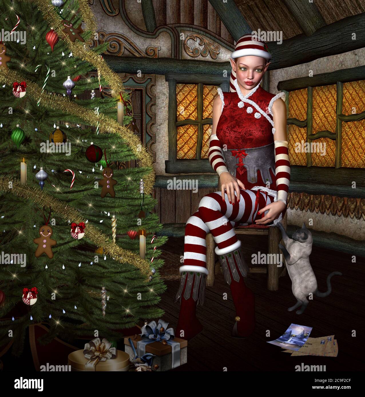 Beautiful elf sitting by a Christmas tree in an old cottage Stock Photo ...