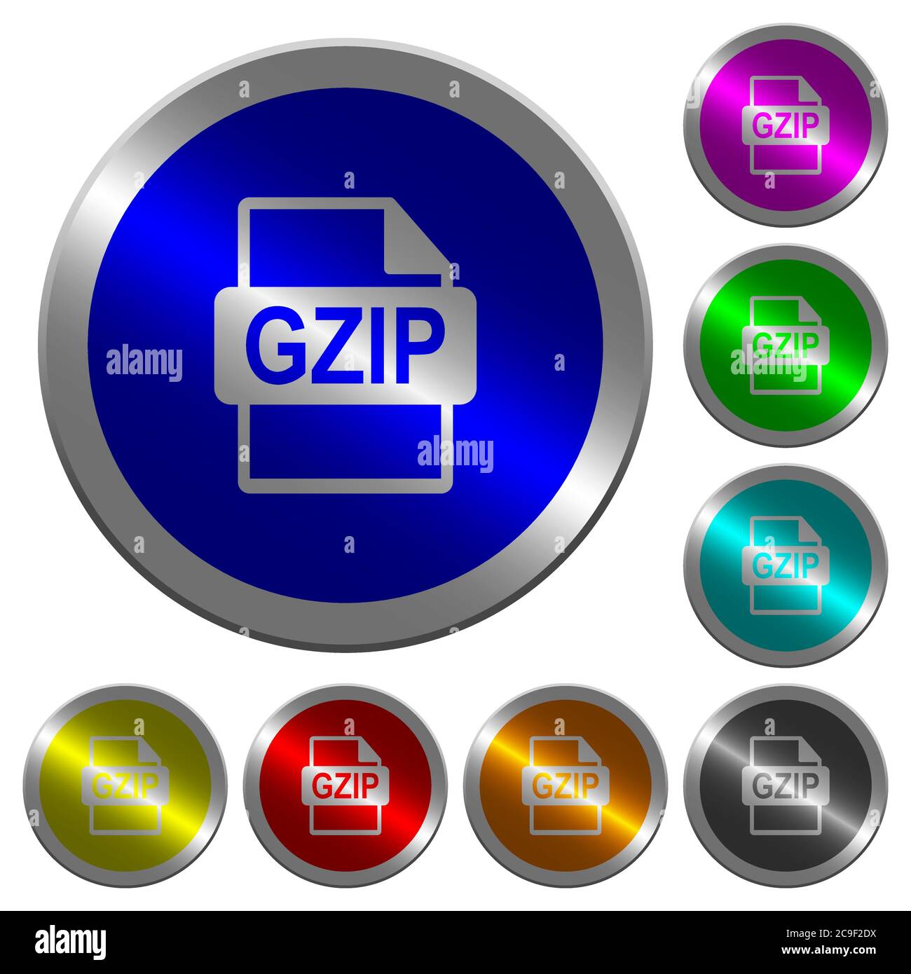 GZIP file format icons on round luminous coin-like color steel buttons ...