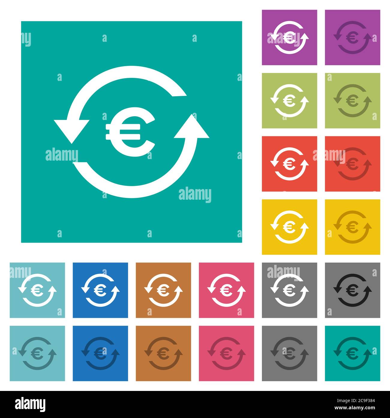 Euro pay back multi colored flat icons on plain square backgrounds ...