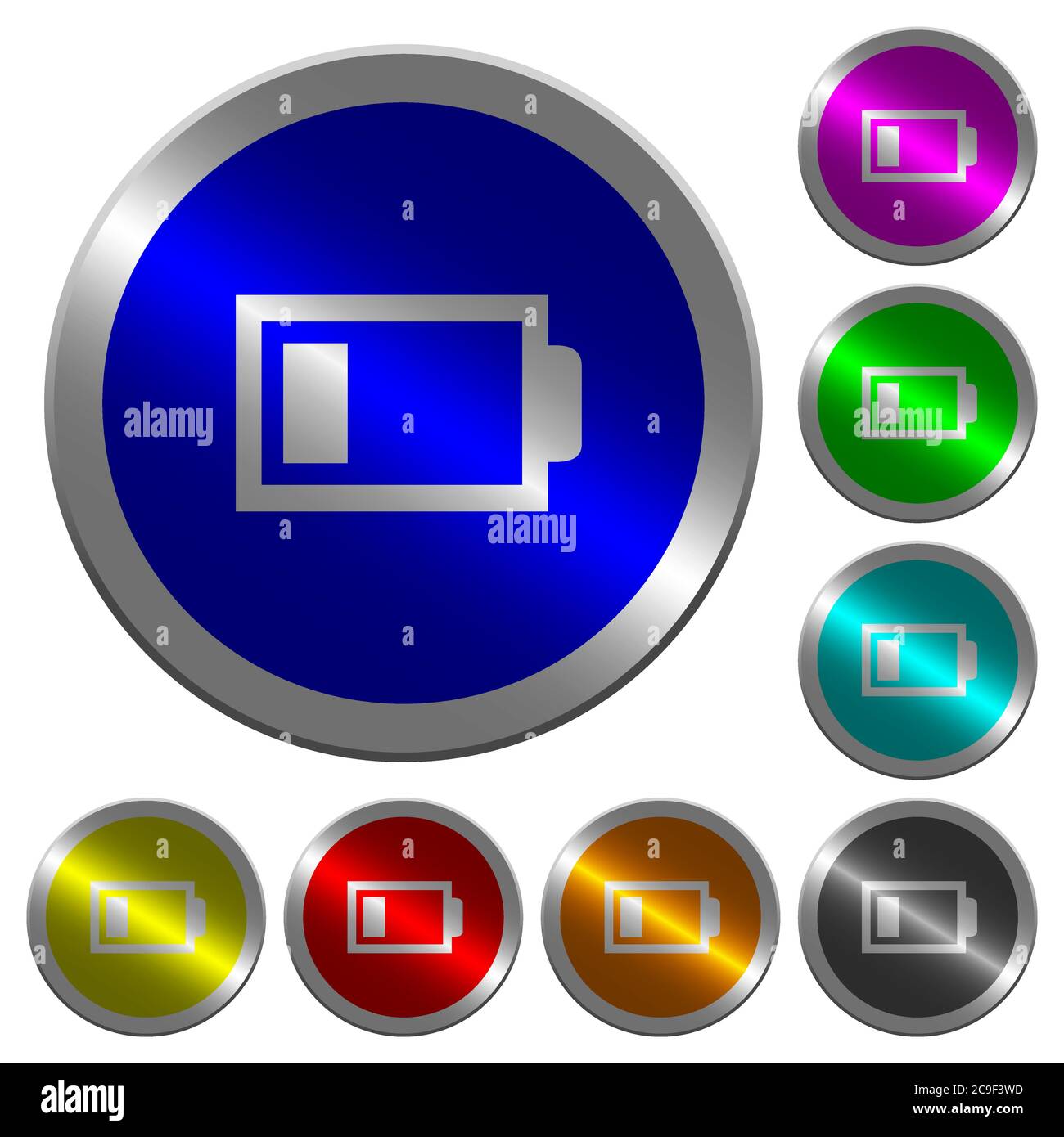 Low battery with one load unit icons on round luminous coin-like color ...