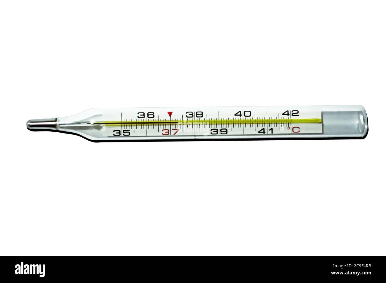 mercury thermometer with temperature over 37 degrees isolated with ...