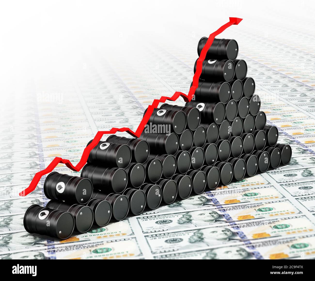 Crude Oil Drums Standing On Dollar Bills Rising Oil Prices Concept 3d