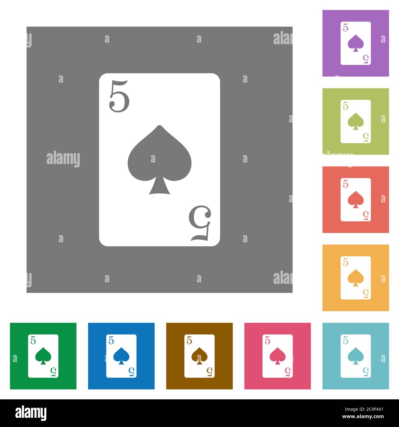 Five of spades card flat icons on simple color square backgrounds Stock ...