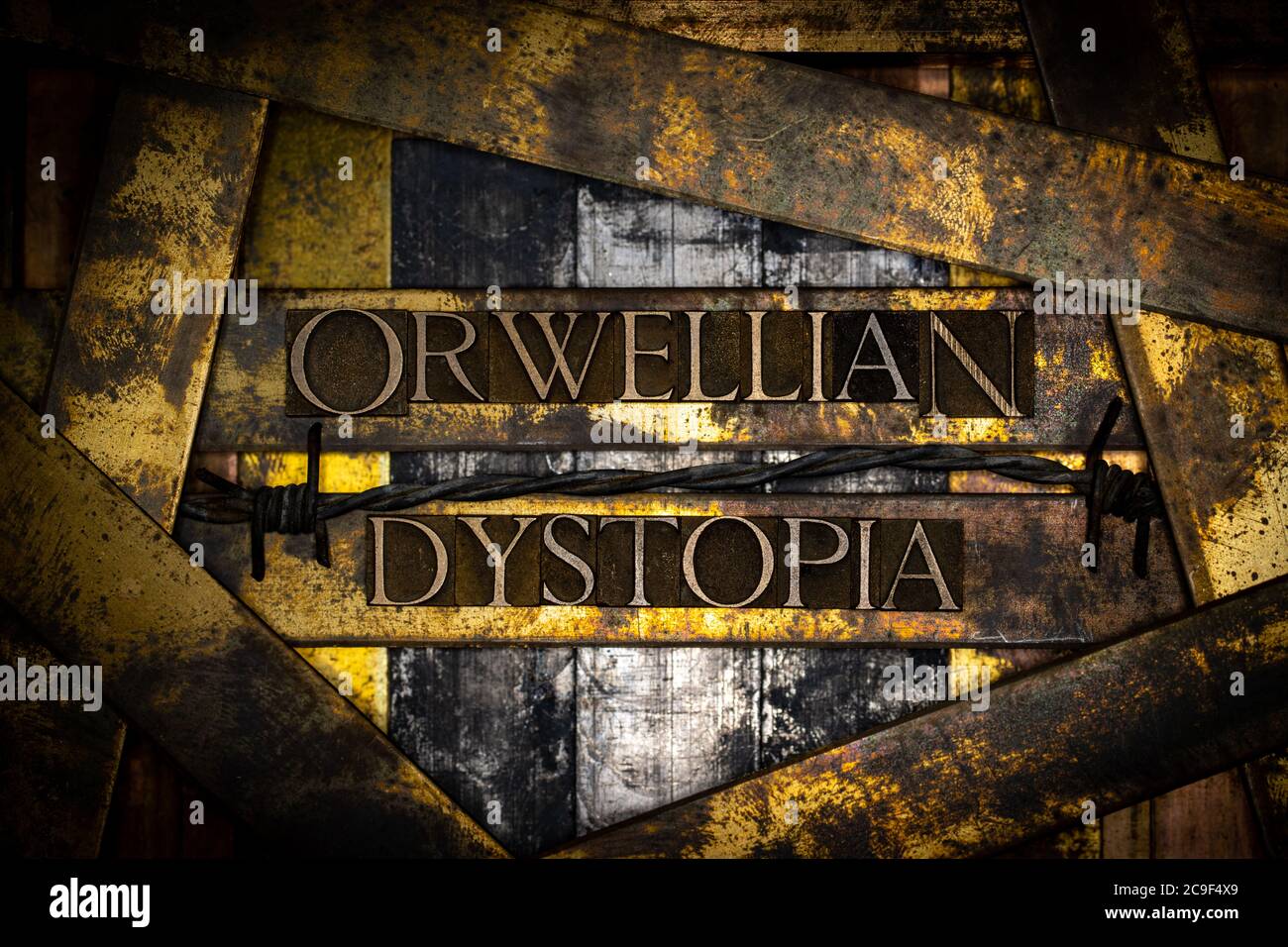 Orwellian Dystopia text formed with real authentic typeset letters on ...