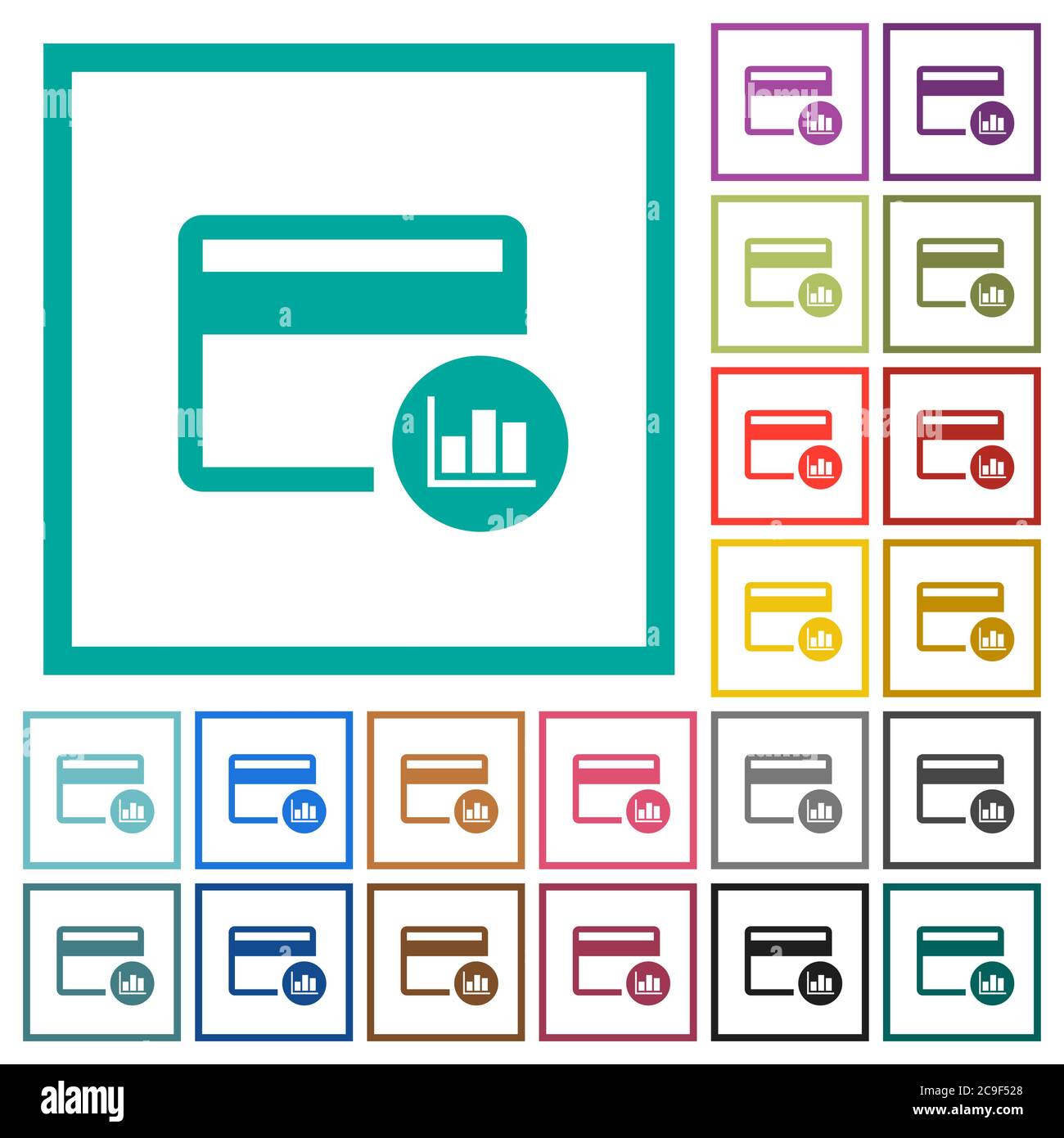 Credit card transaction reports flat color icons with quadrant frames ...