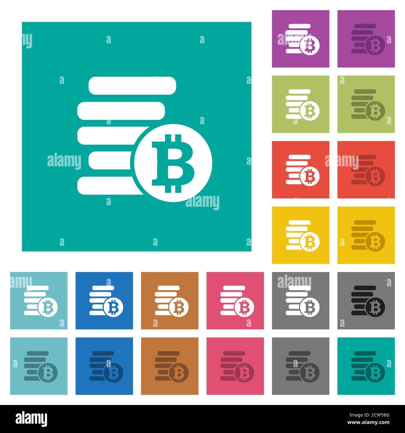 Bitcoins multi colored flat icons on plain square backgrounds. Included ...
