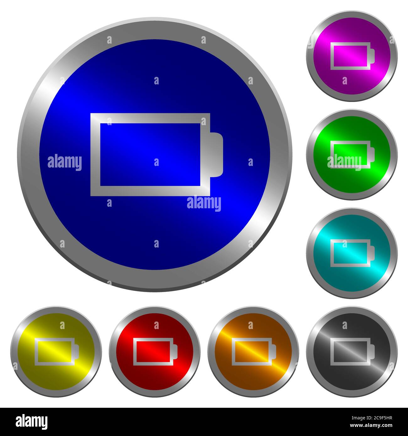 Empty battery without load units icons on round luminous coin-like ...