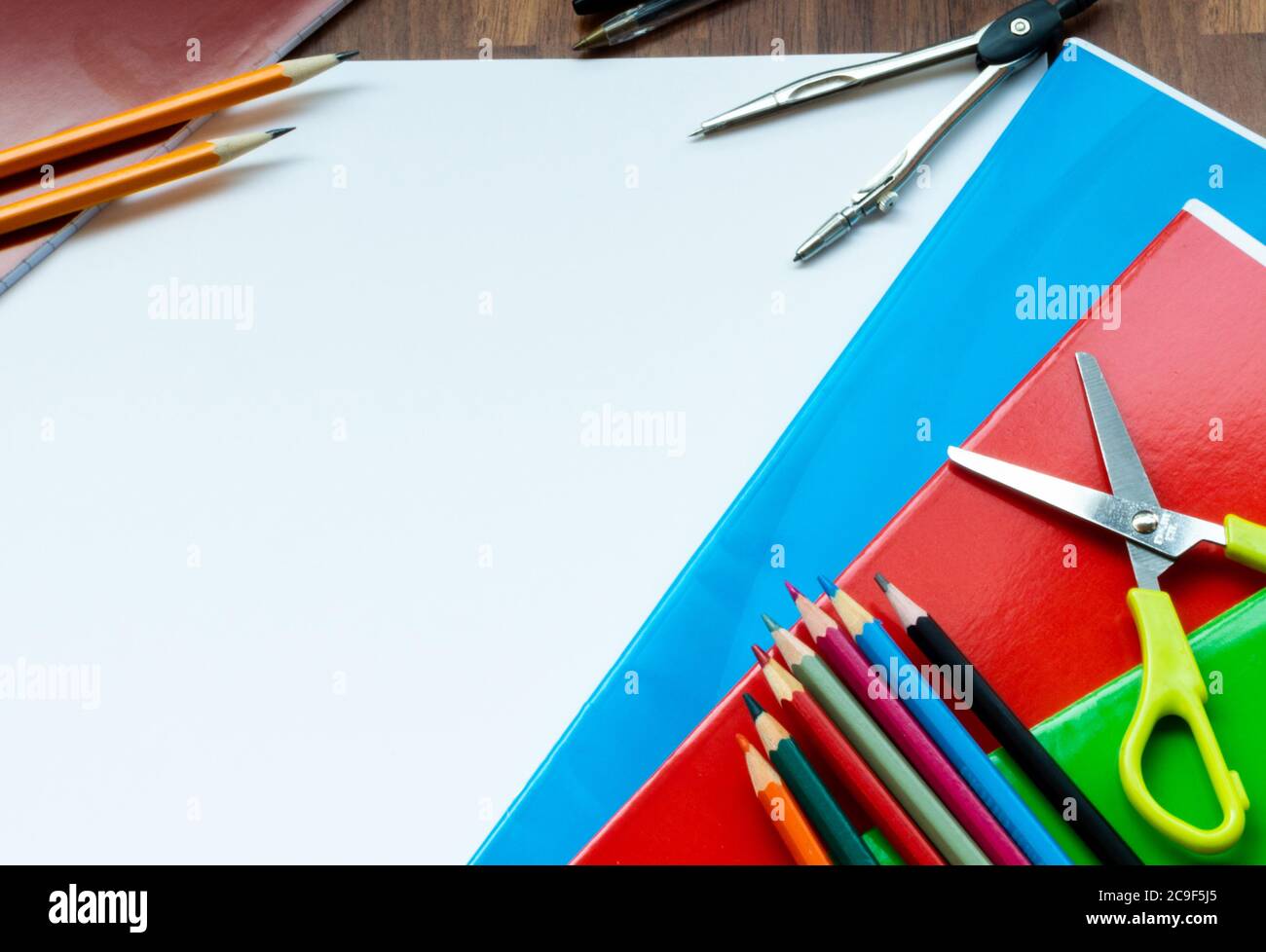 School supplies with white background - colored pencils, scissors ...