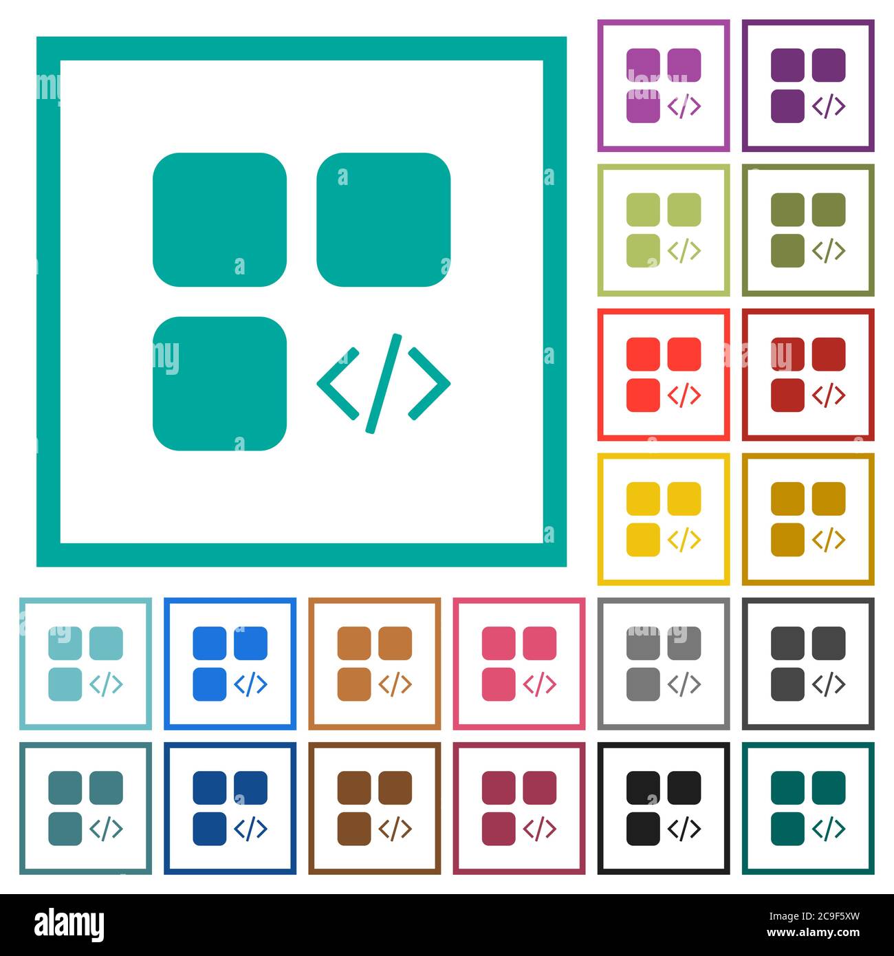 Component programming flat color icons with quadrant frames on white ...