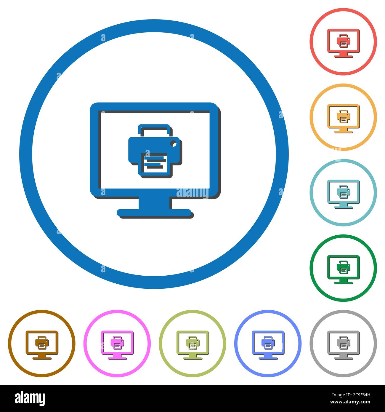 Print screen flat color vector icons with shadows in round outlines on ...