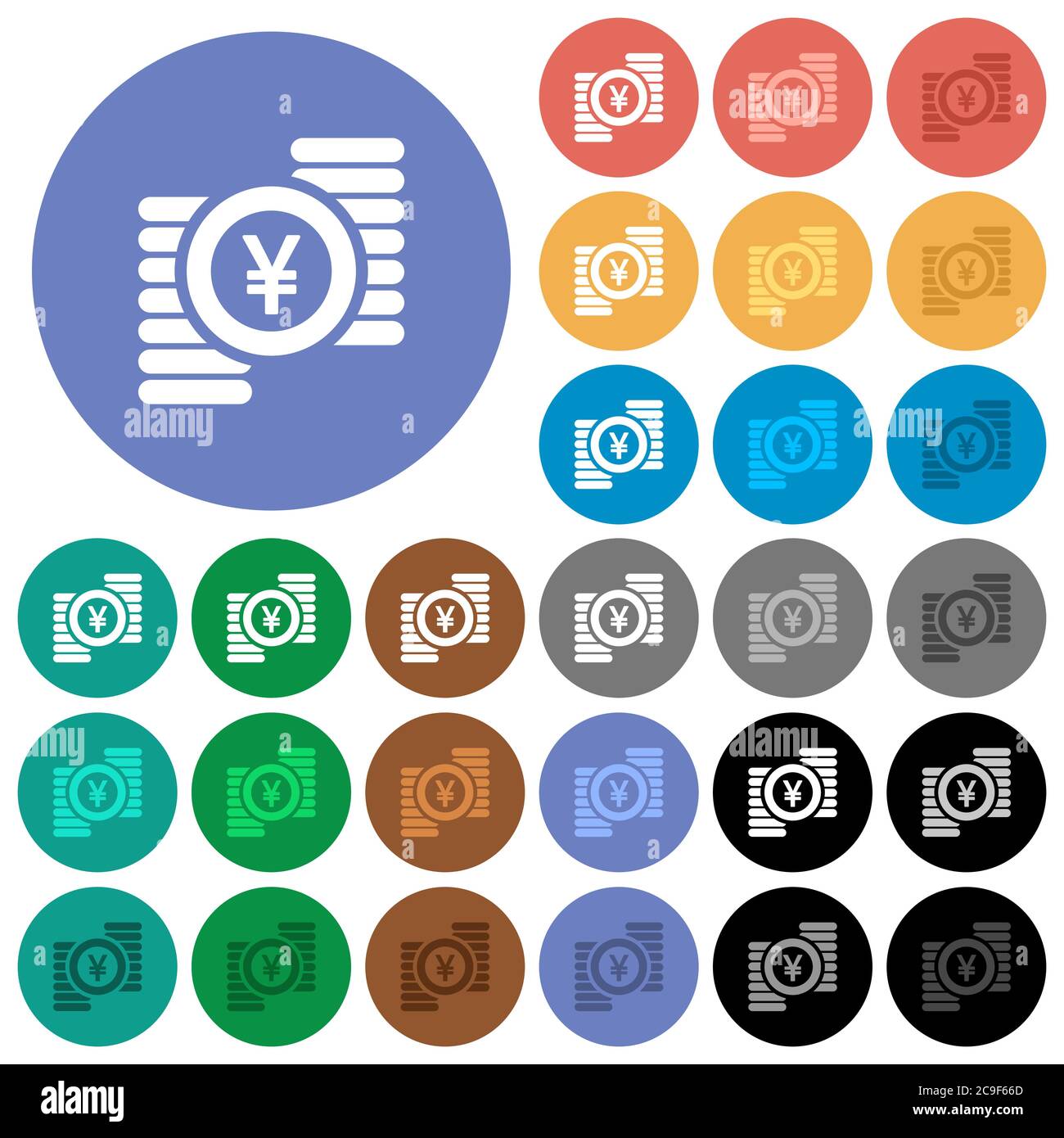 Yen coins multi colored flat icons on round backgrounds. Included white ...