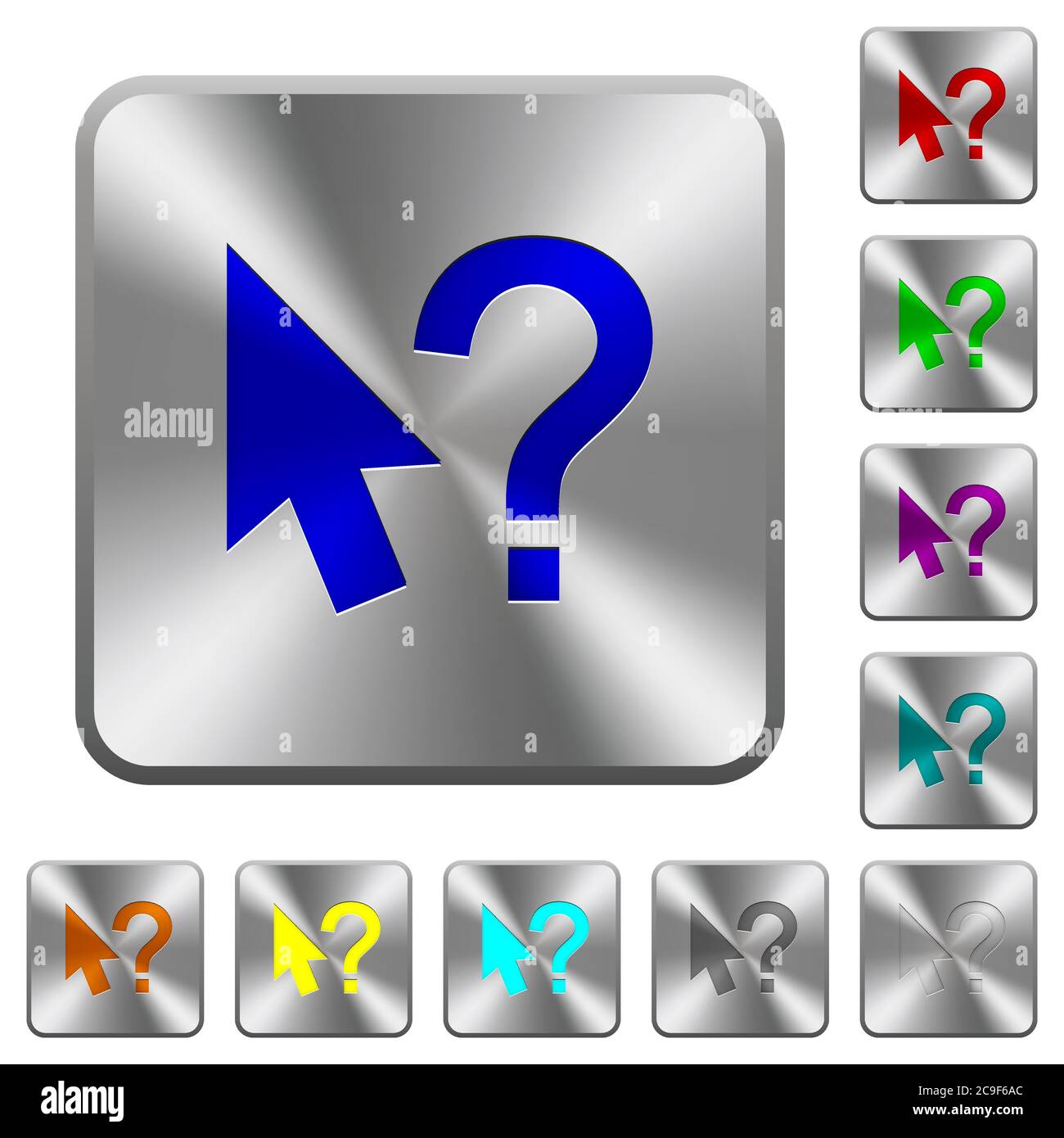 Help cursor engraved icons on rounded square glossy steel buttons Stock ...