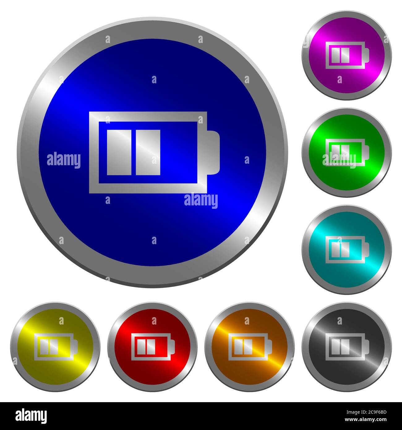 Half battery with two load units icons on round luminous coin-like ...