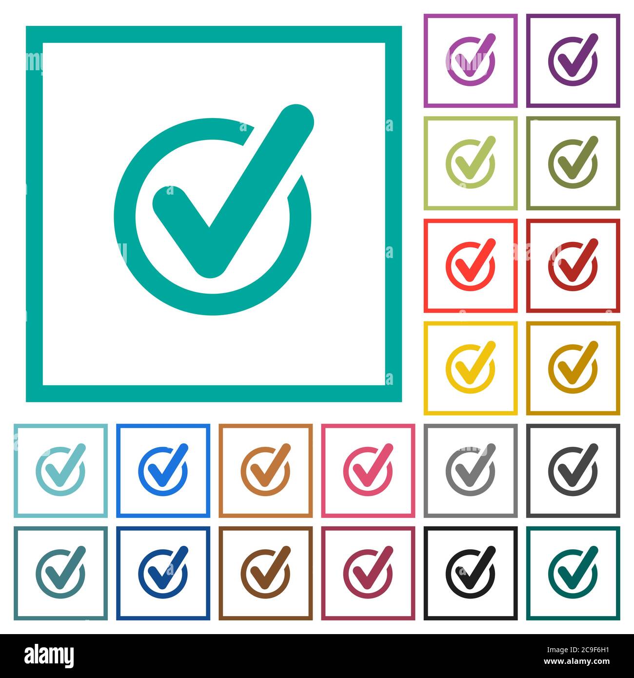 Checked data flat color icons with quadrant frames on white background ...