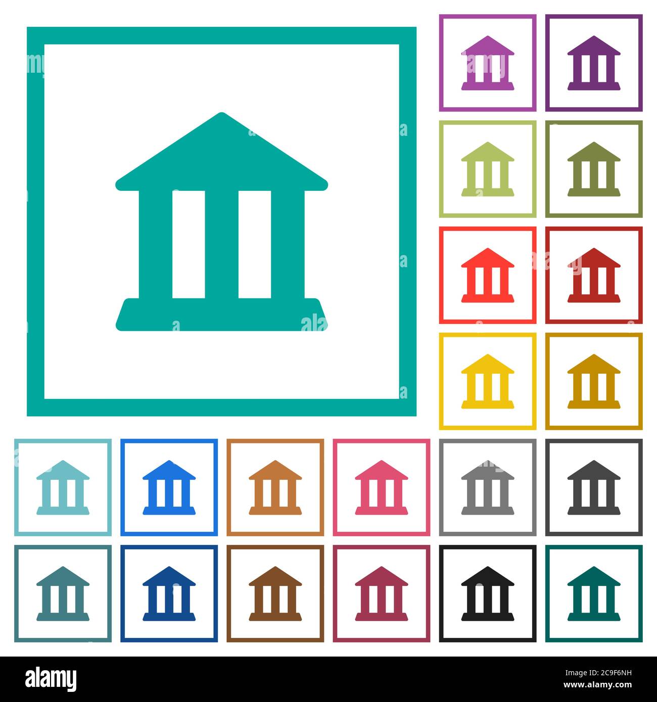 Bank office building flat color icons with quadrant frames on white ...