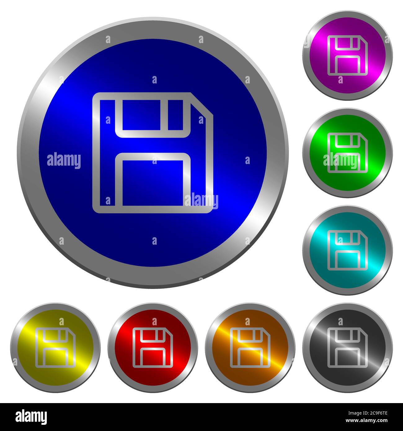 Floppy disk as save symbol icons on round luminous coin-like color ...