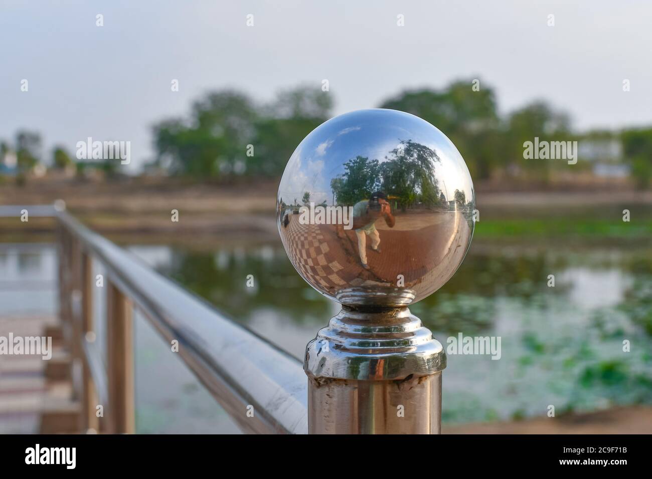 Stainless Steel Railing Round Shape 3D Object Reflect Picture Of Sky ...