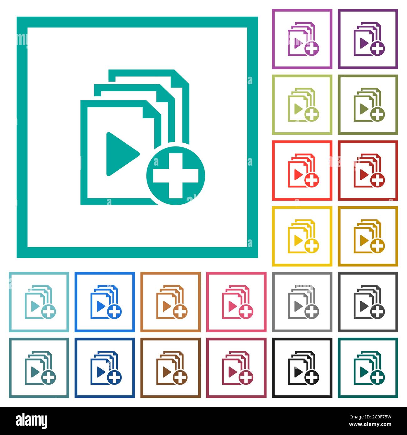 Add new item to playlist flat color icons with quadrant frames on white ...