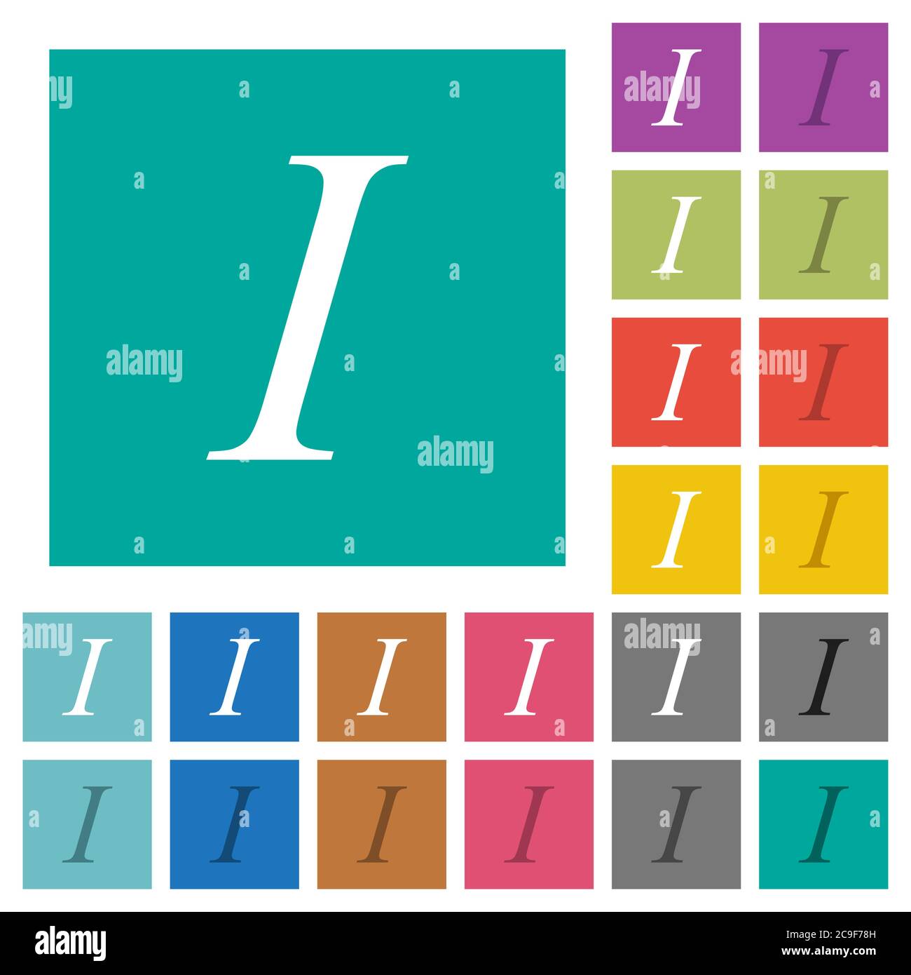 Italic font type multi colored flat icons on plain square backgrounds ...