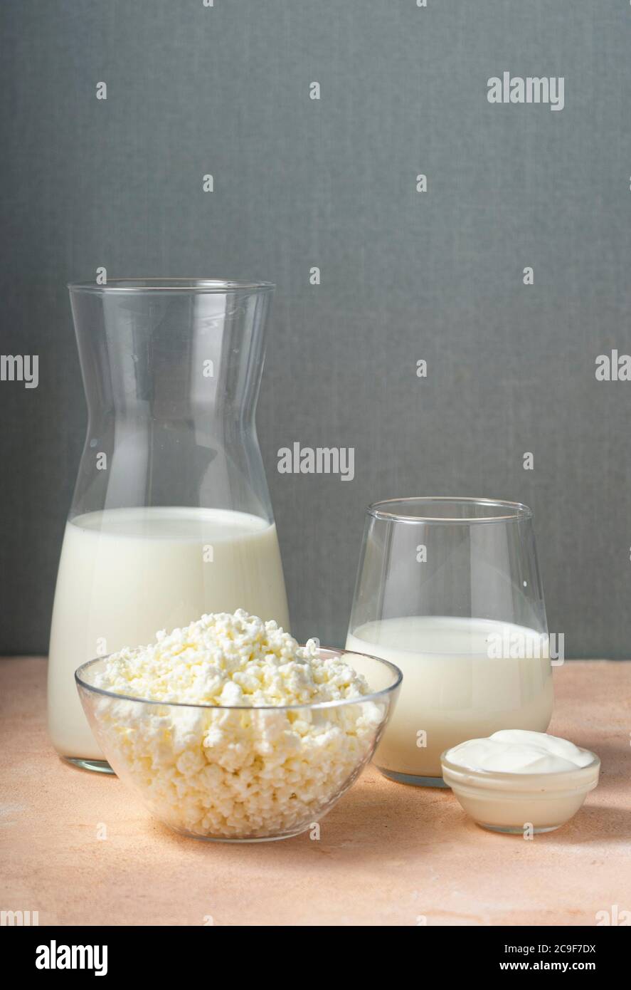 selective focus, dairy product in a glass container on a light table ...