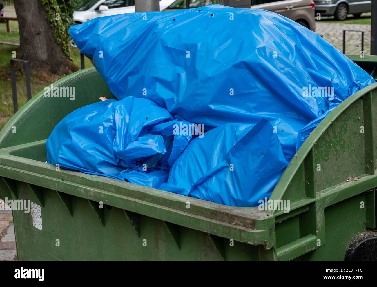blue garbage bin green container Stock Photo - Alamy