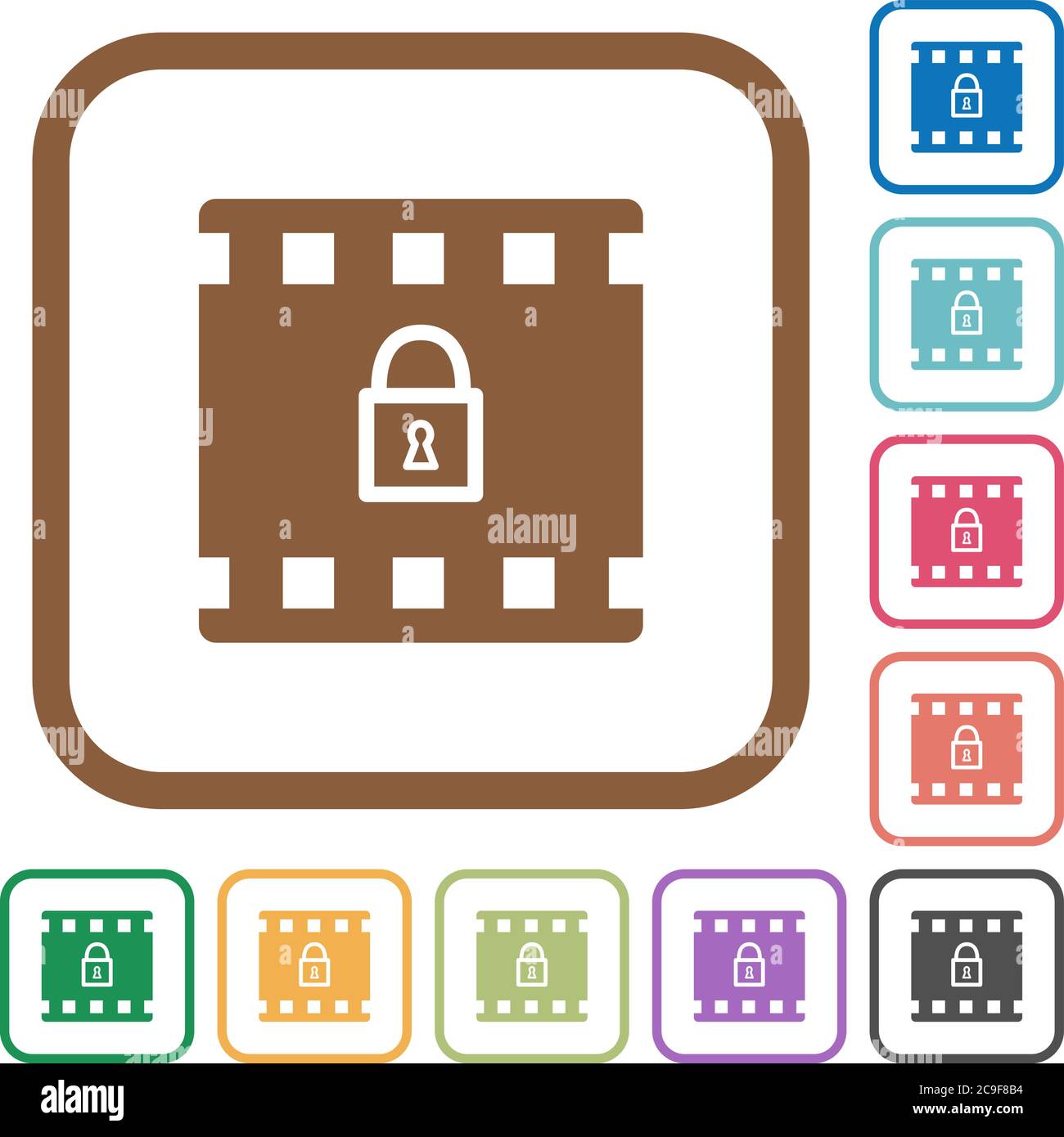 Encode movie simple icons in color rounded square frames on white ...