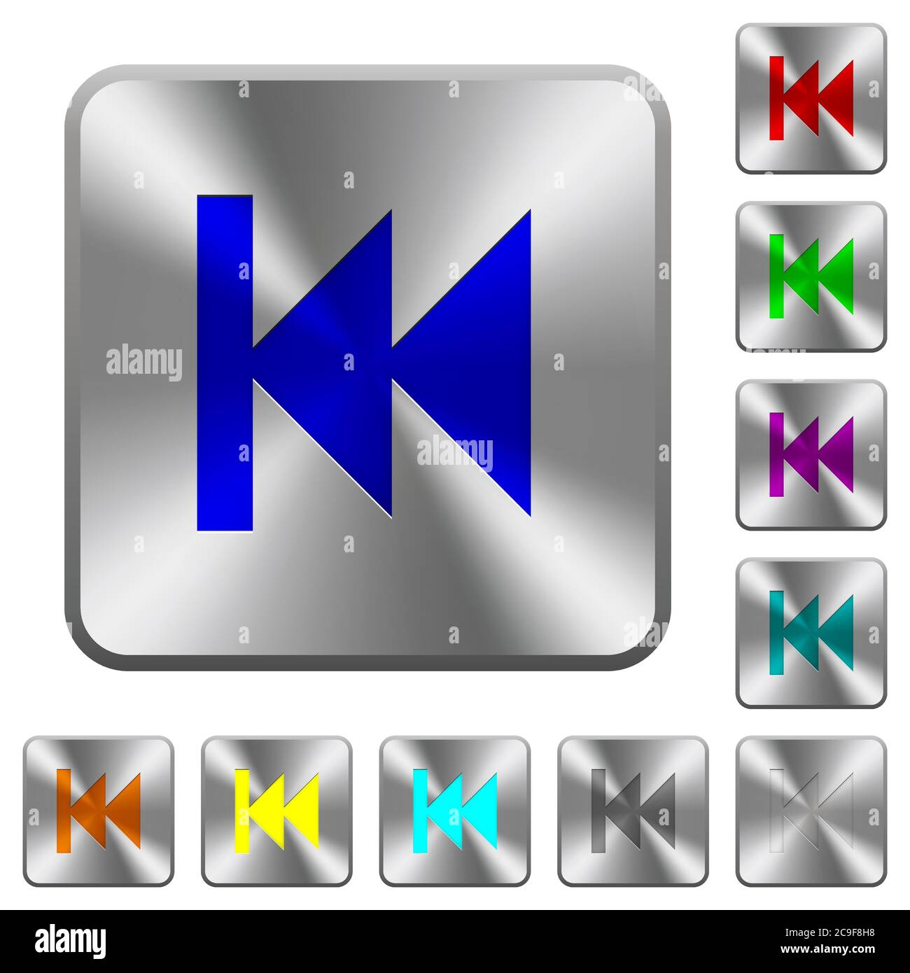 Media fast backward engraved icons on rounded square glossy steel ...