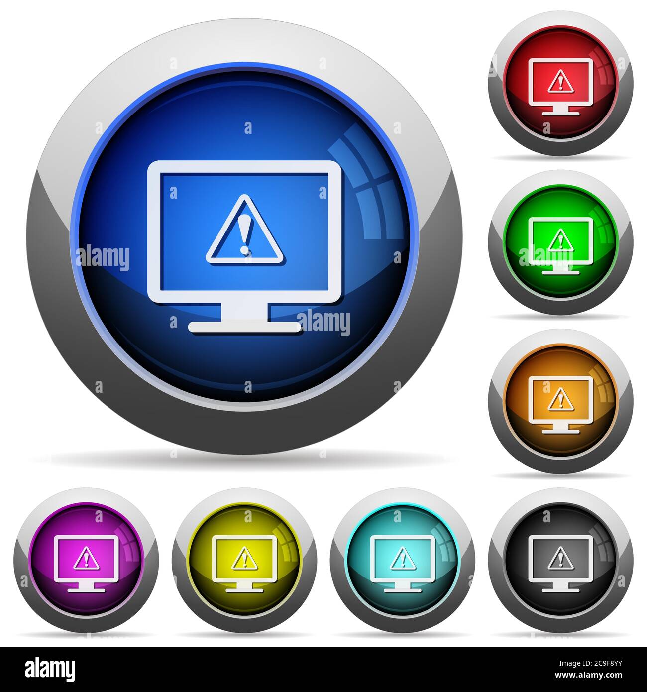 Display warning icons in round glossy buttons with steel frames Stock ...