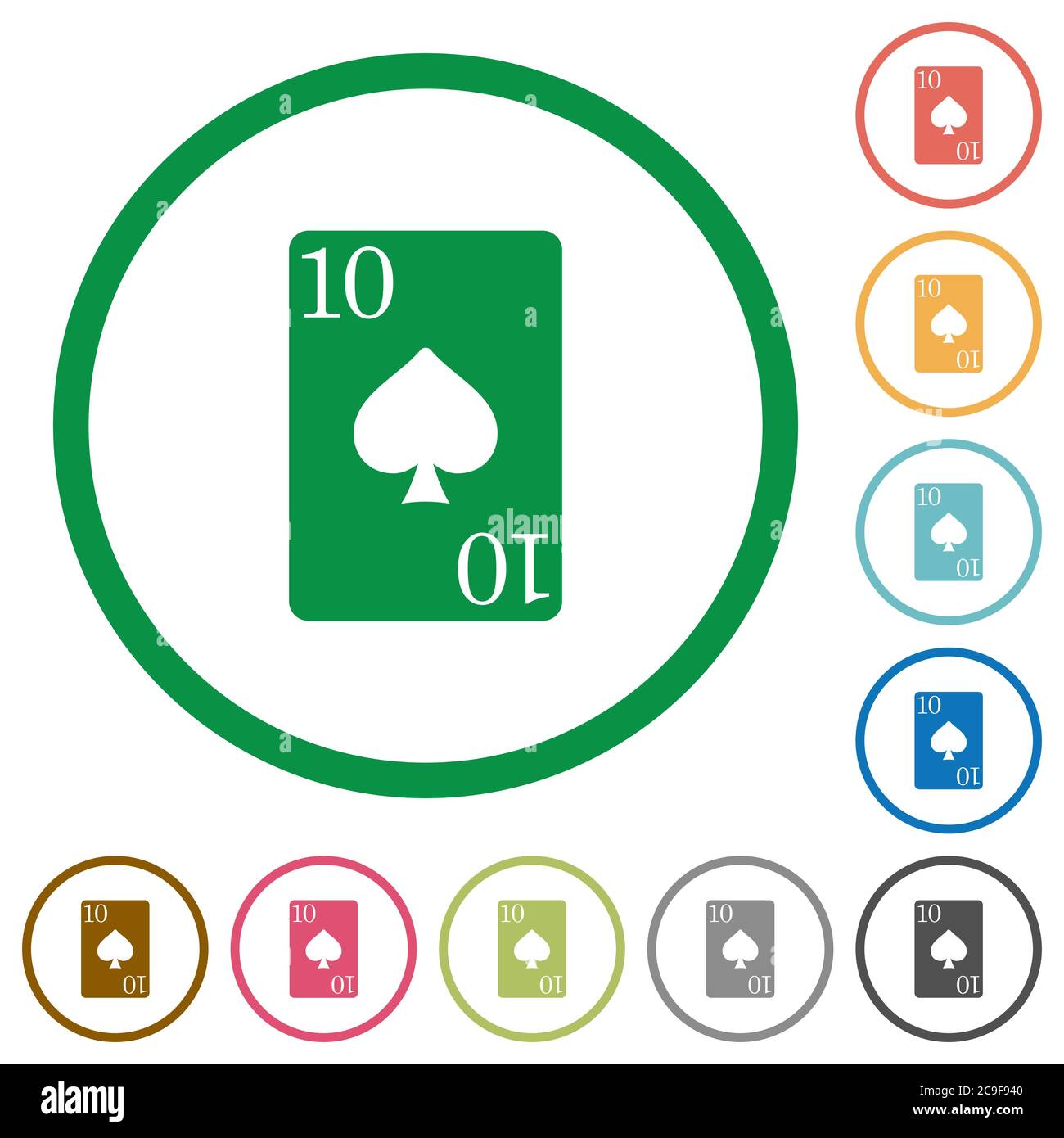 Ten of spades card flat color icons in round outlines on white ...