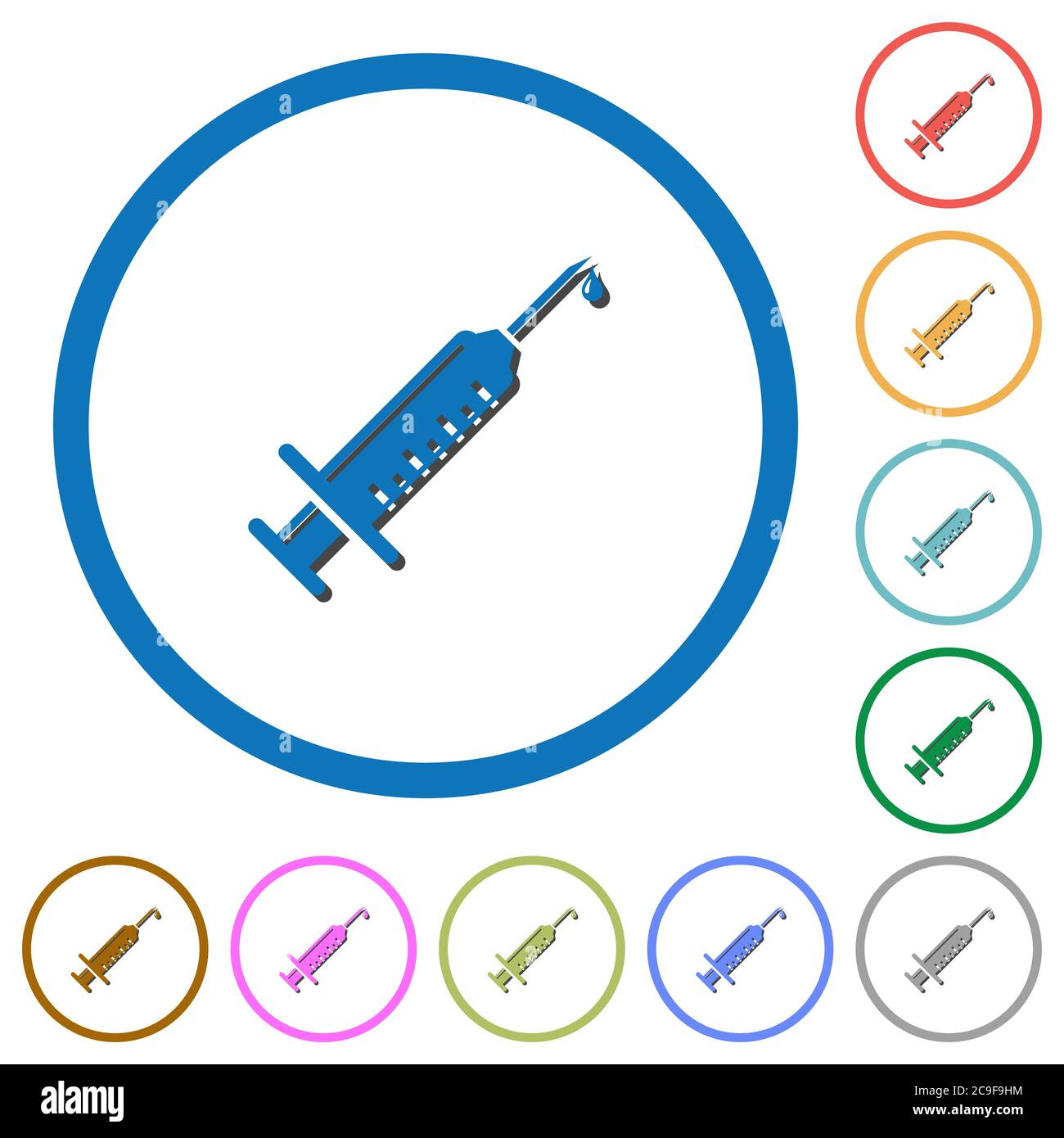 Syringe with drop flat color vector icons with shadows in round ...