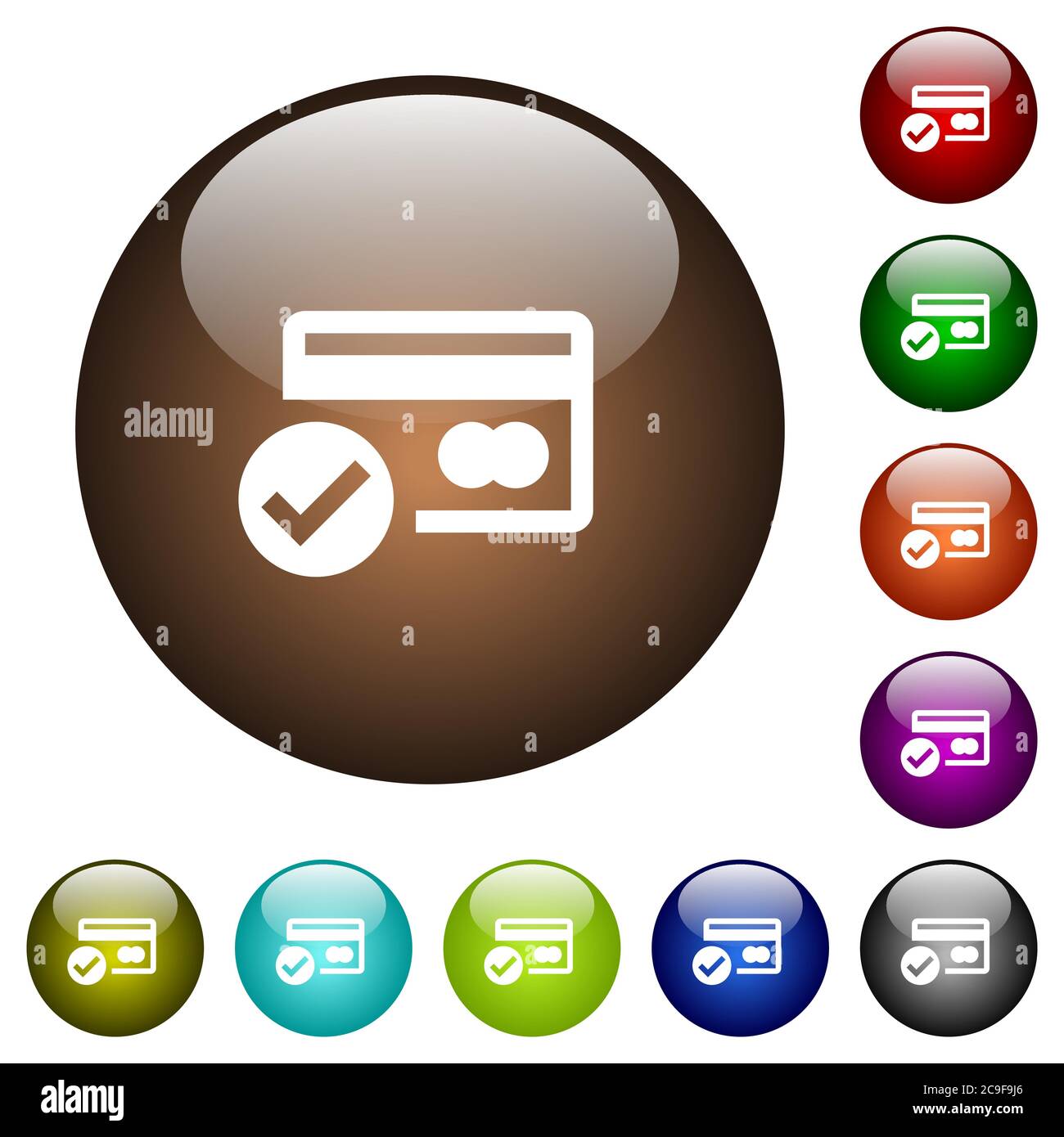 Credit card verified white icons on round color glass buttons Stock ...