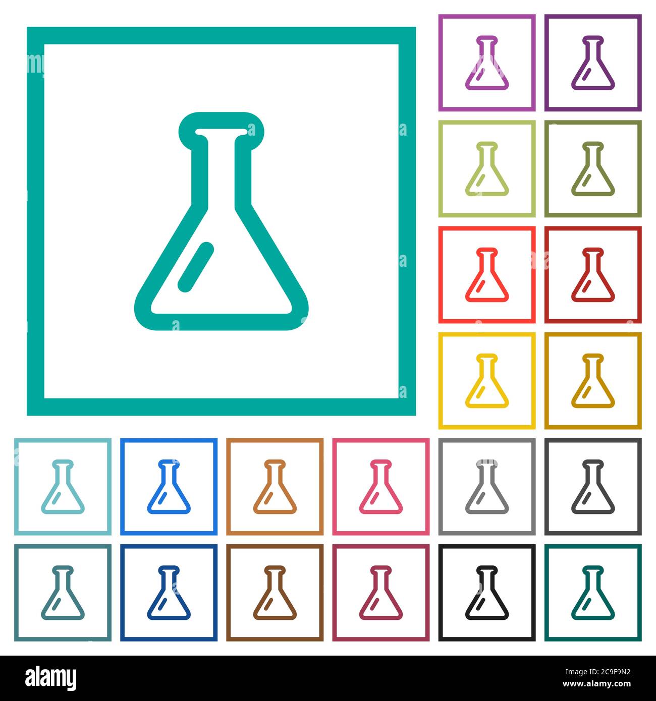 Empty flask flat color icons with quadrant frames on white background ...