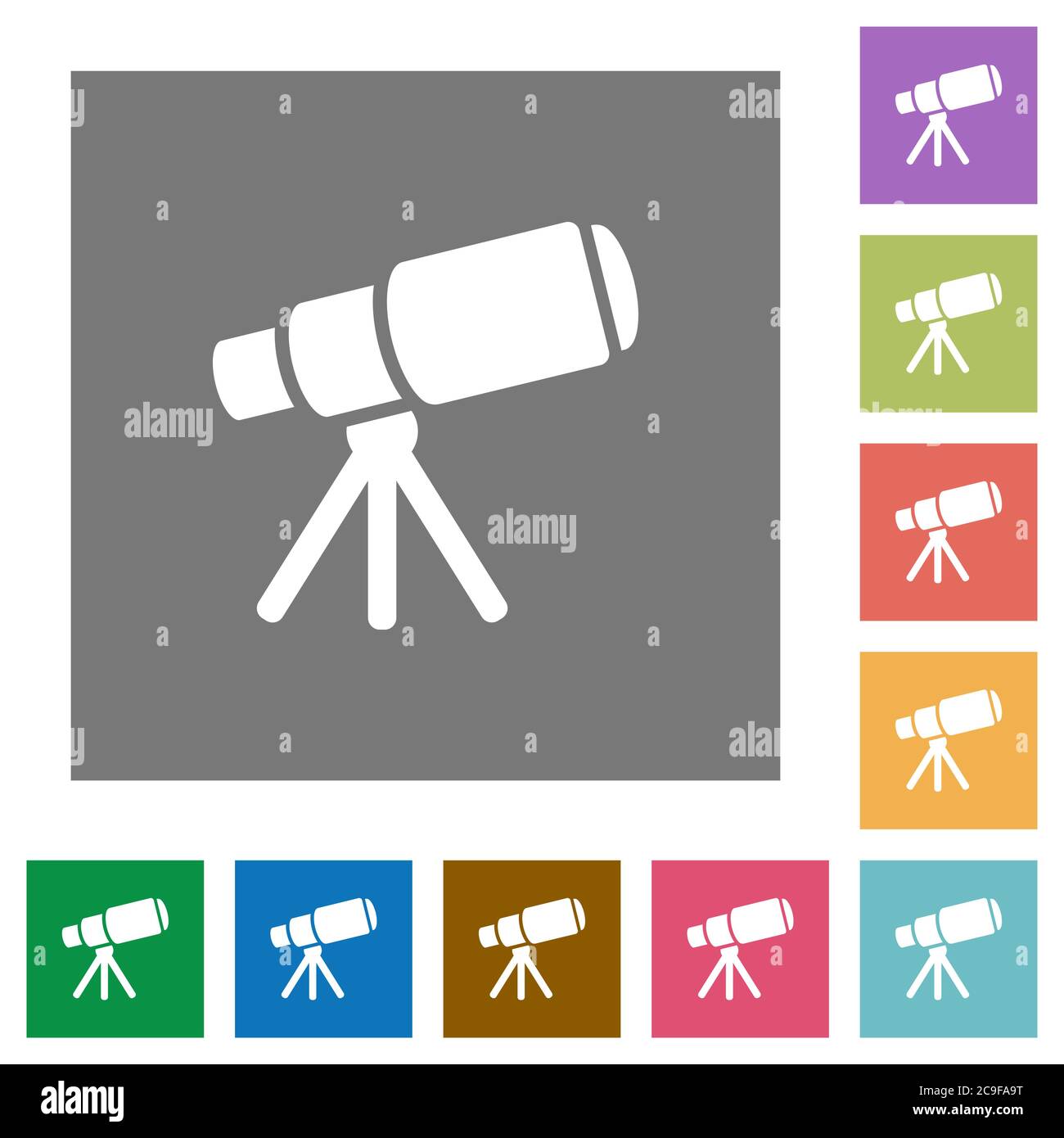 Space telescope flat icons on simple color square backgrounds Stock ...