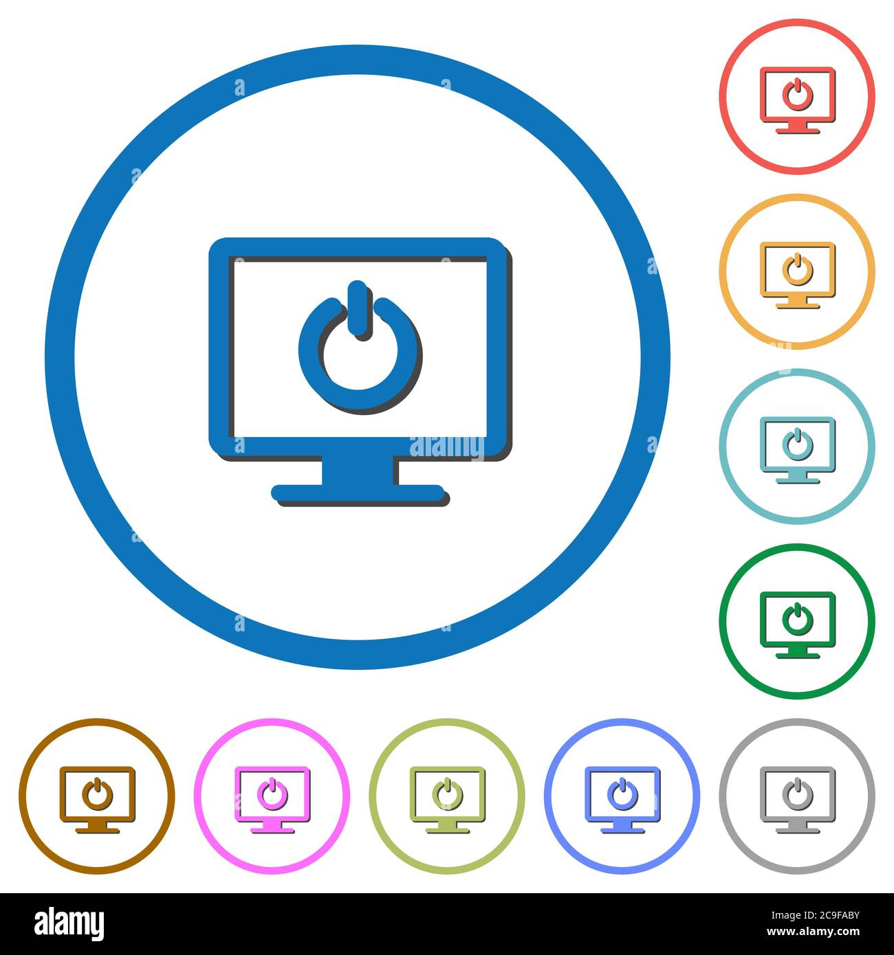 Display standby mode flat color vector icons with shadows in round ...
